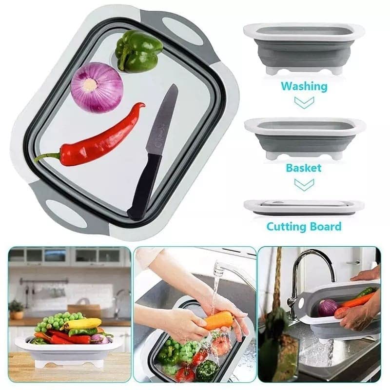 Collapsible Cutting Board with Wash Basin and Drainage Hole; BBQ Prep Tub and Camping Cutting Board; Space-Saving Collapsible Camping Dish Tub Sink RV and Camper Kitchen Must Have Accessory Grey