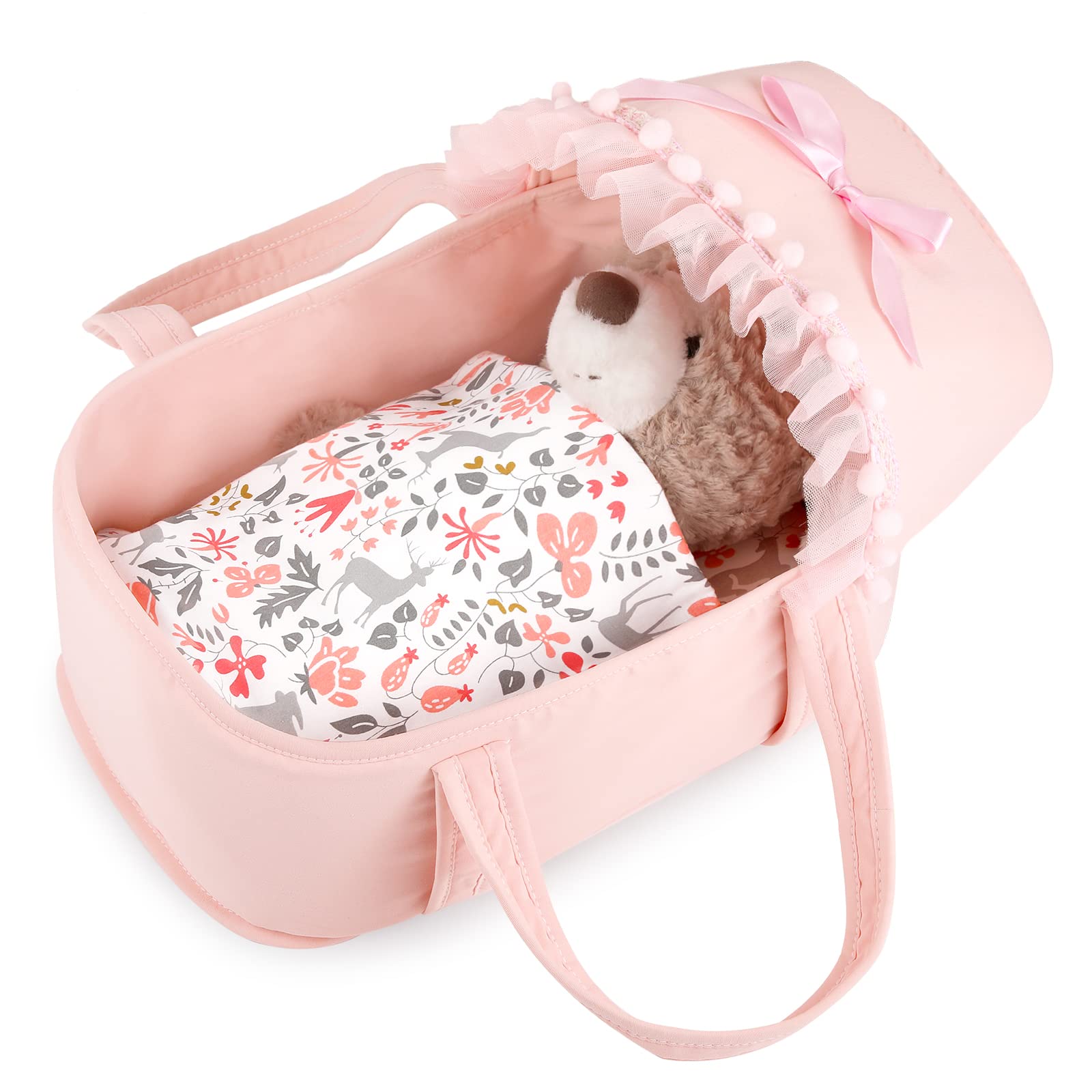 GAGAKU Baby Doll Bassinet, Doll Carrier Doll Carry Cot Set with Canopy and Pillow Blanket for 9 10 11 12 Inch Dolls Stuffed Animals - Pink