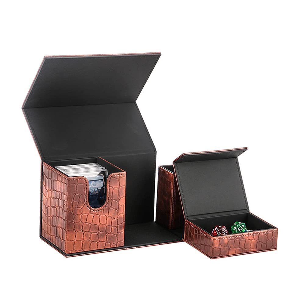 Card Game Deck Storage Box with two Compartment for cards and one for dice-Holds up to 192+ Cards and 15 Dice-PU leather with a comfortable touch-MTG/TCG/CCG/YugiOh/ultimate guard/commander(Brown)
