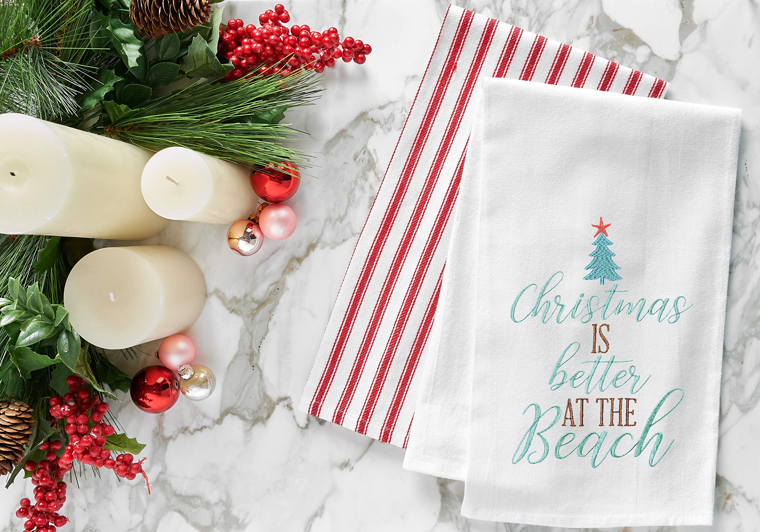 C&F Home Christmas is Better at The Beach Coastal Holiday Christmas Xmas Embroidered (Not Printed) Flour Sack Kitchen Towel Decor Decoration 18" x 27" White