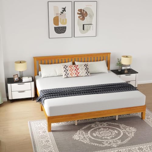 BORGEBY Wood Platform Bed Frame with Wood Headboard, Wooden Bed Frames,King Bed Frame Wood Slats Support, Solid Wood Foundation, No Box Spring Needed, Easy Assembly, Brown