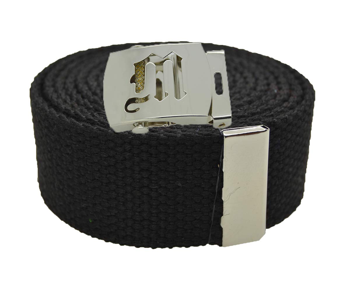 BodyJewelryOnline Old English Initial M Canvas Military Web Black Belt & Silver Buckle 60 Inch