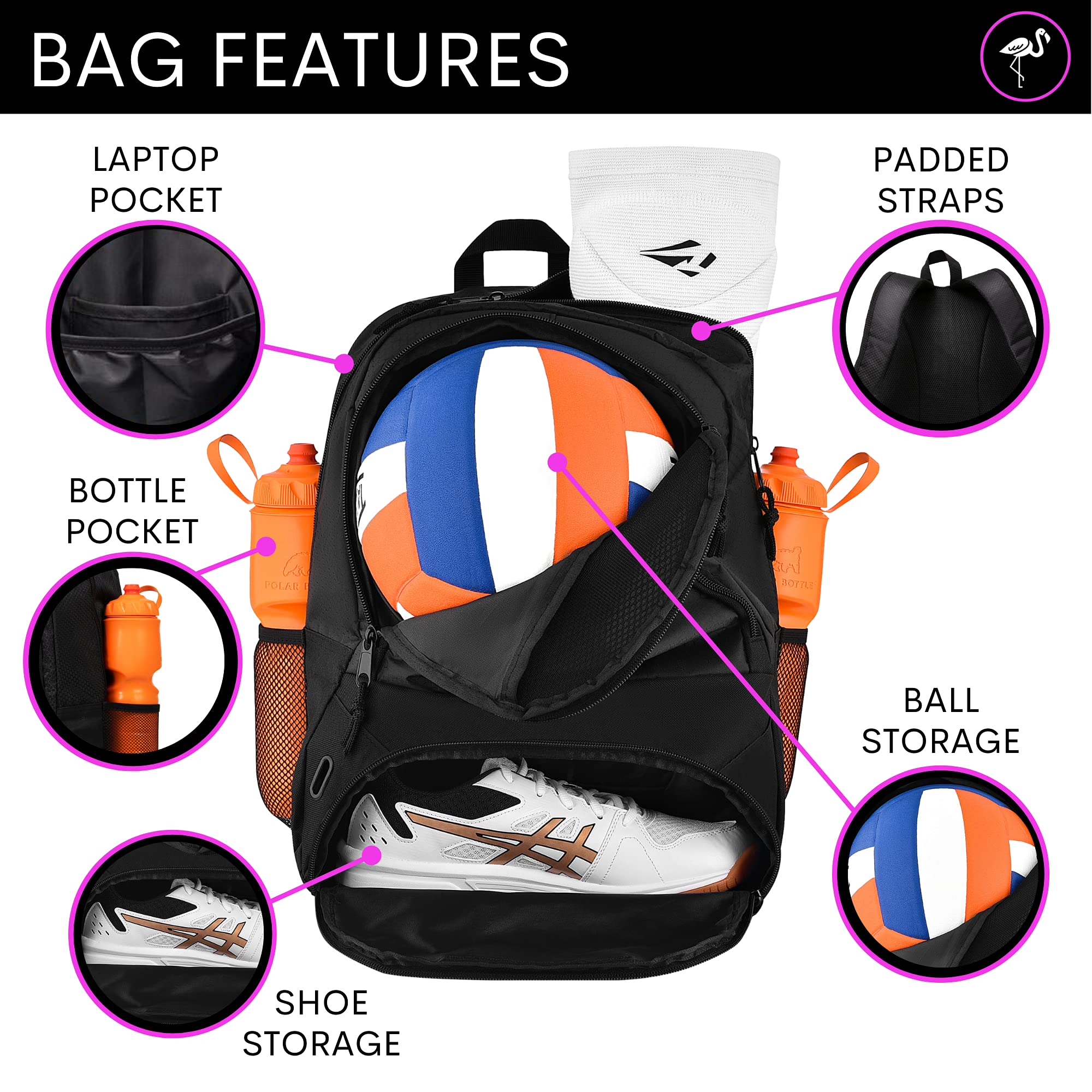 ERANT Athletic Volleyball Backpack - Extra Large Sports Volleyball Bag - Separate Ball and Shoe Compartment - Durable - Boys and Girls - Black