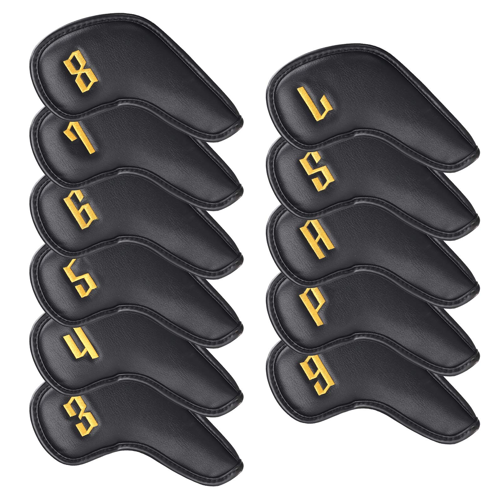 Black 11pcs Golf Iron Covers Long Neck Iron Head Covers, Golf Head Covers Black Leather Iron Covers, Golf Club Covers with Yellow No. Fit Taylormade M2 Callaway Rogue X Ping G710