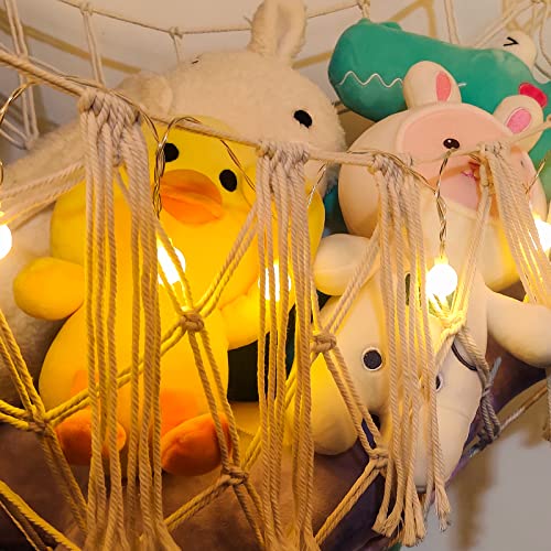 Weraher Toy Hammock Stuffed Animals Storage, Hanging Corner Mesh for Toy, Macrame Boho Teddy Bear Storage with LED Light for Boys Girls for Bedroom Nursery Playroom (White)