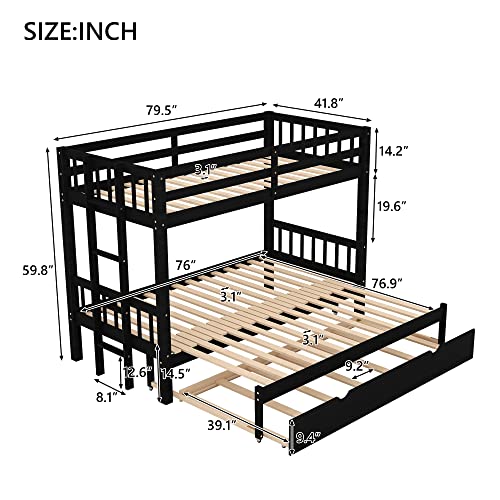 EMKK Twin Over Pull-Out Queen Full Bunk Bed with Trundle, Solid Wood BunkBed Frame with Ladder, Extendable Bunkbeds with Safety Rail for Kids Adults Teens, Espresso