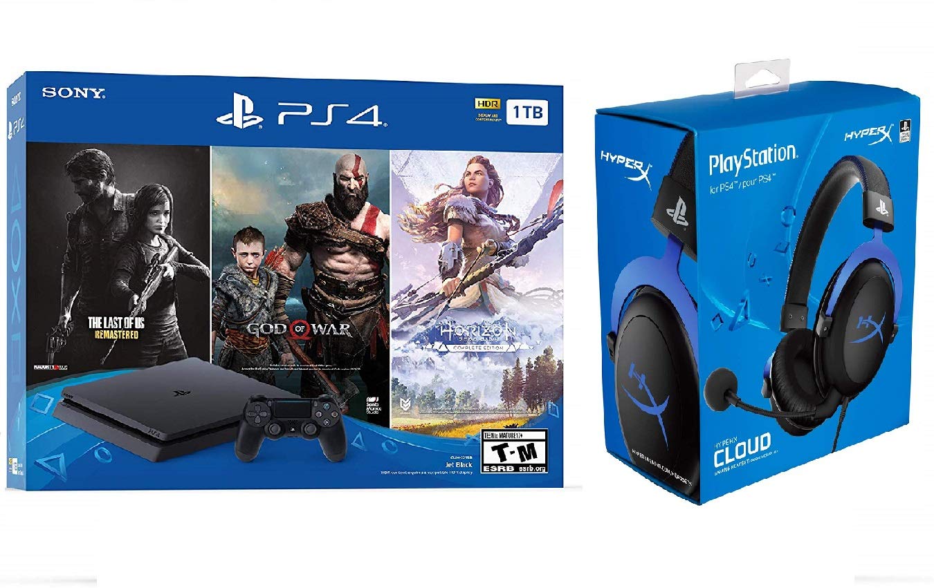 PlayStation 4 Slim 1TB Console + HyperX Cloud Licensed Gaming Noise Cancelling Headset Headphones + 3 Games (God of War, The Last of US, Horizon Zero Dawn) Bundle