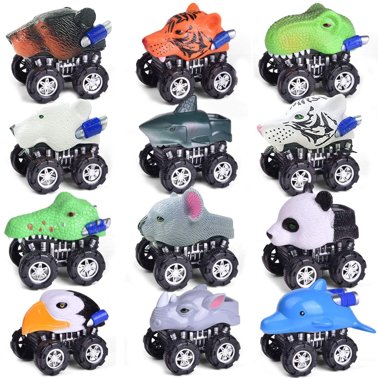 Liberty Imports 12 Pack Monster Truck Pull Back Cars, Large Animal Toy Pullback Vehicles Party Favors Play Set for Kids, Boys, Toddlers