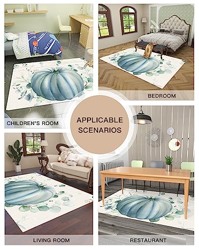 Rustic Blue Pumpkin Large Rectangular Area Rugs 5' x 8' Living Room, Durable Non Slip Rug Carpet Floor Mat for Bedroom Bedside Outdoor Thanksgiving Fall Green Eucalyptus Leaves