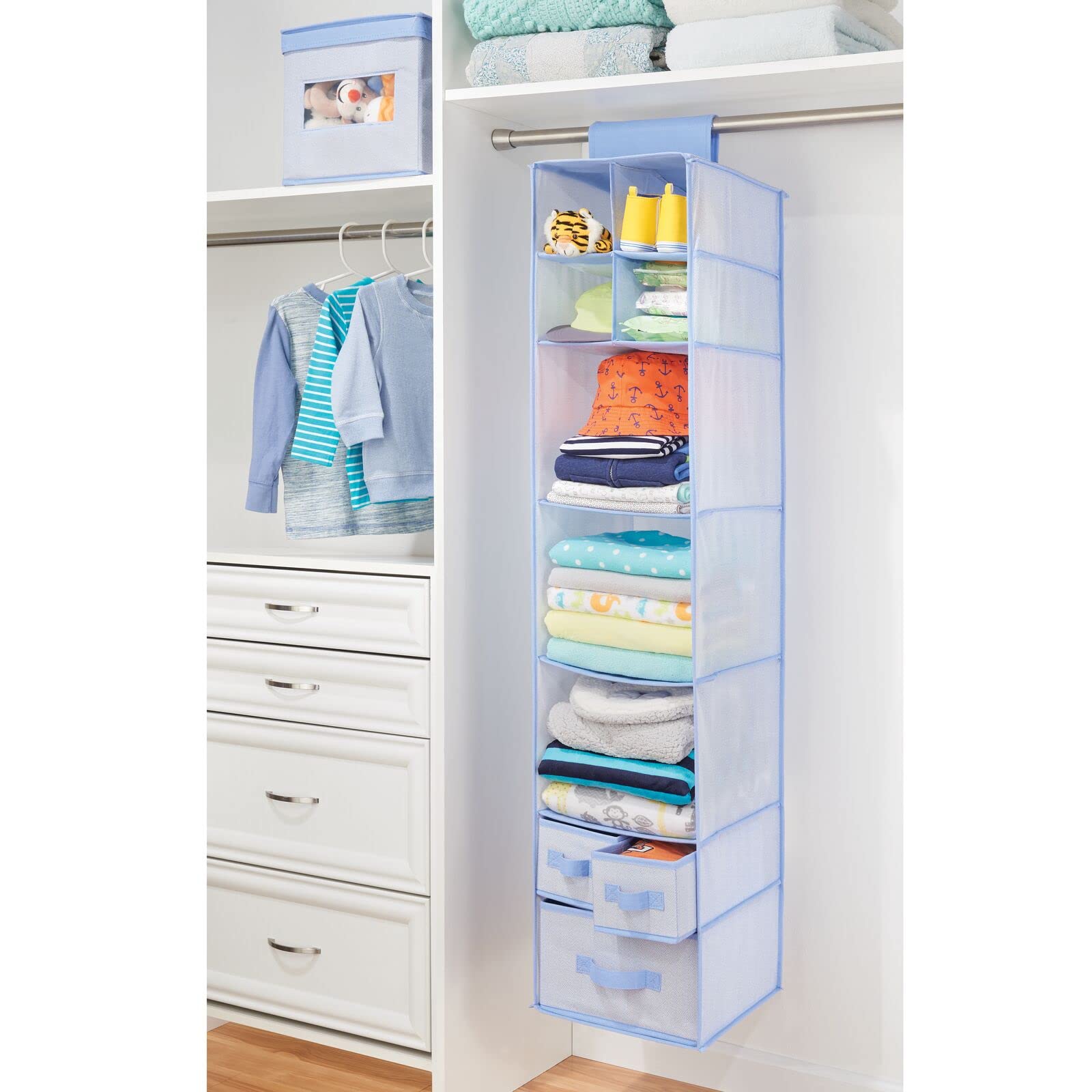 mDesign Soft Fabric Over Closet Rod Hanging Storage Organizer with 7 Shelves and 3 Removable Drawers for Child/Kids Room or Nursery - Herringbone Print - Blue