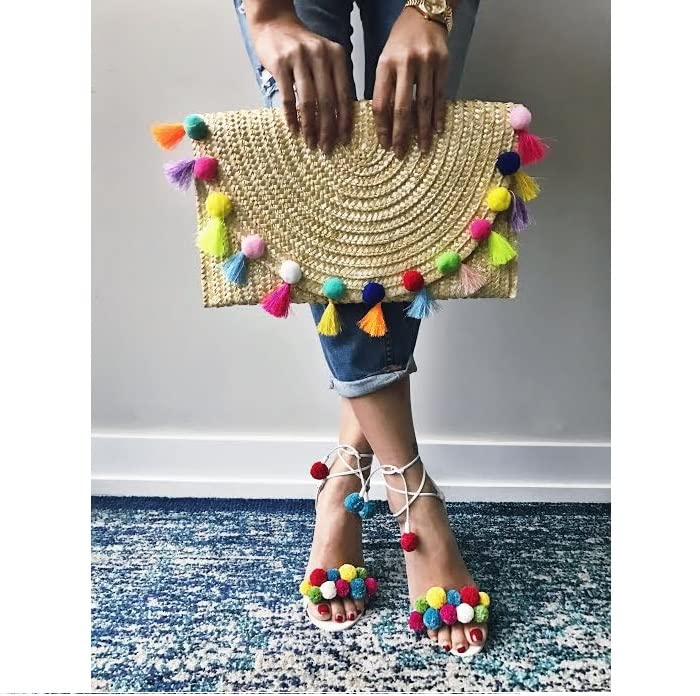 Straw Pom Pom and Tassel Clutch - Fashion Bag for Summer Large