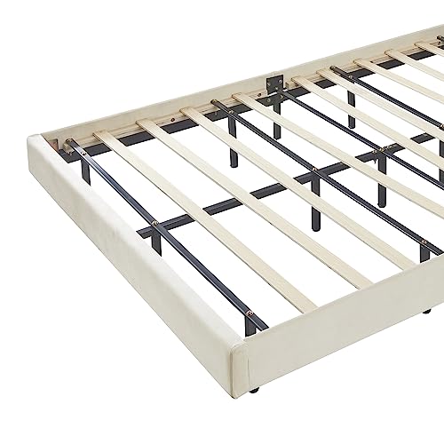 Floating Bed Frame Queen Size with LED Lights, Queen LED Bed Frame with Elegant Flowers Headboard, Smart Velvet Upholstered Platform Bed with Wooden Slats Support, Queen Size, Beige