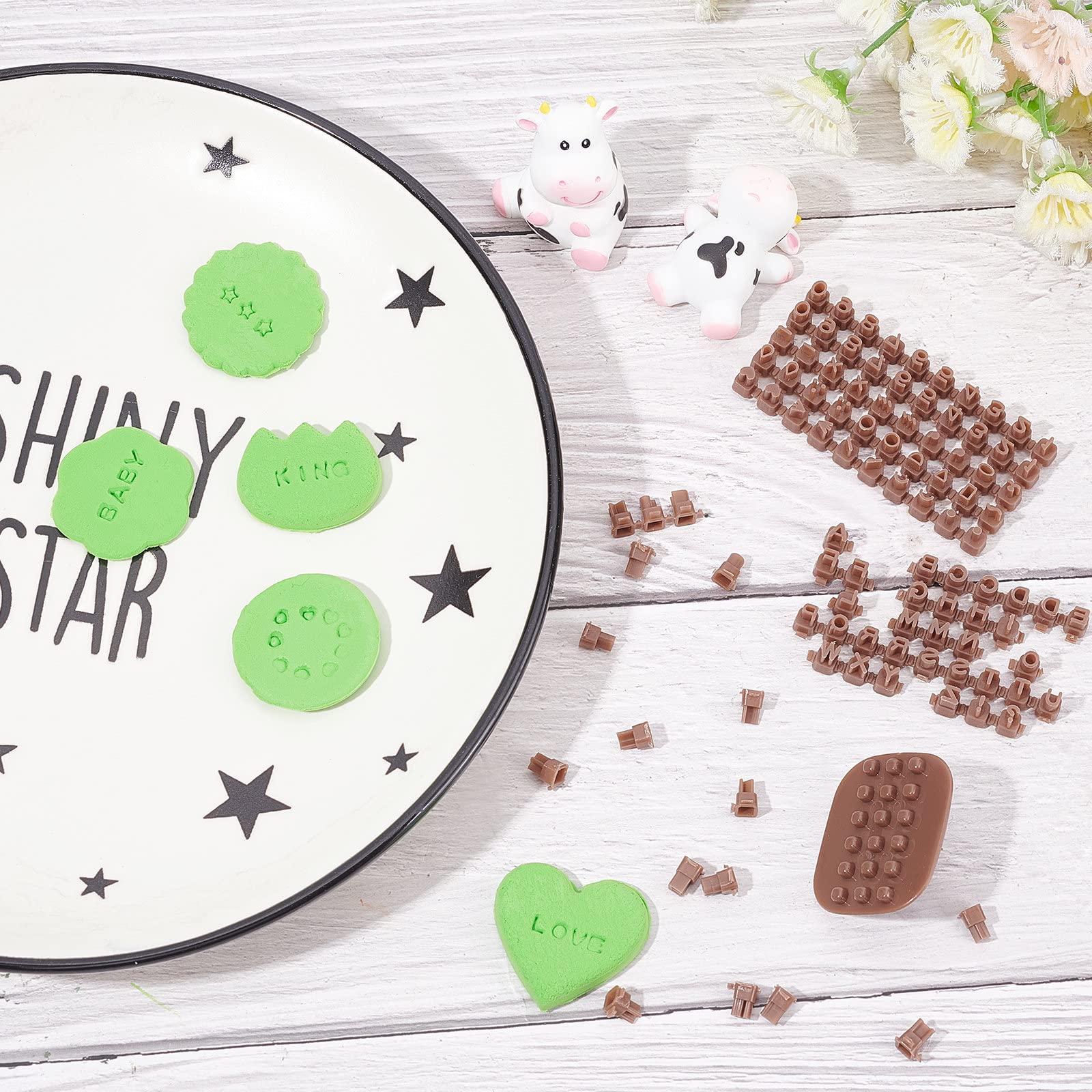 CRASPIRE Letter Stamps for Clay, Cookie Stamps Letters Brown Polymer Alphabet Clay Cutters Set Clay Texture Roller for Clay Cookie