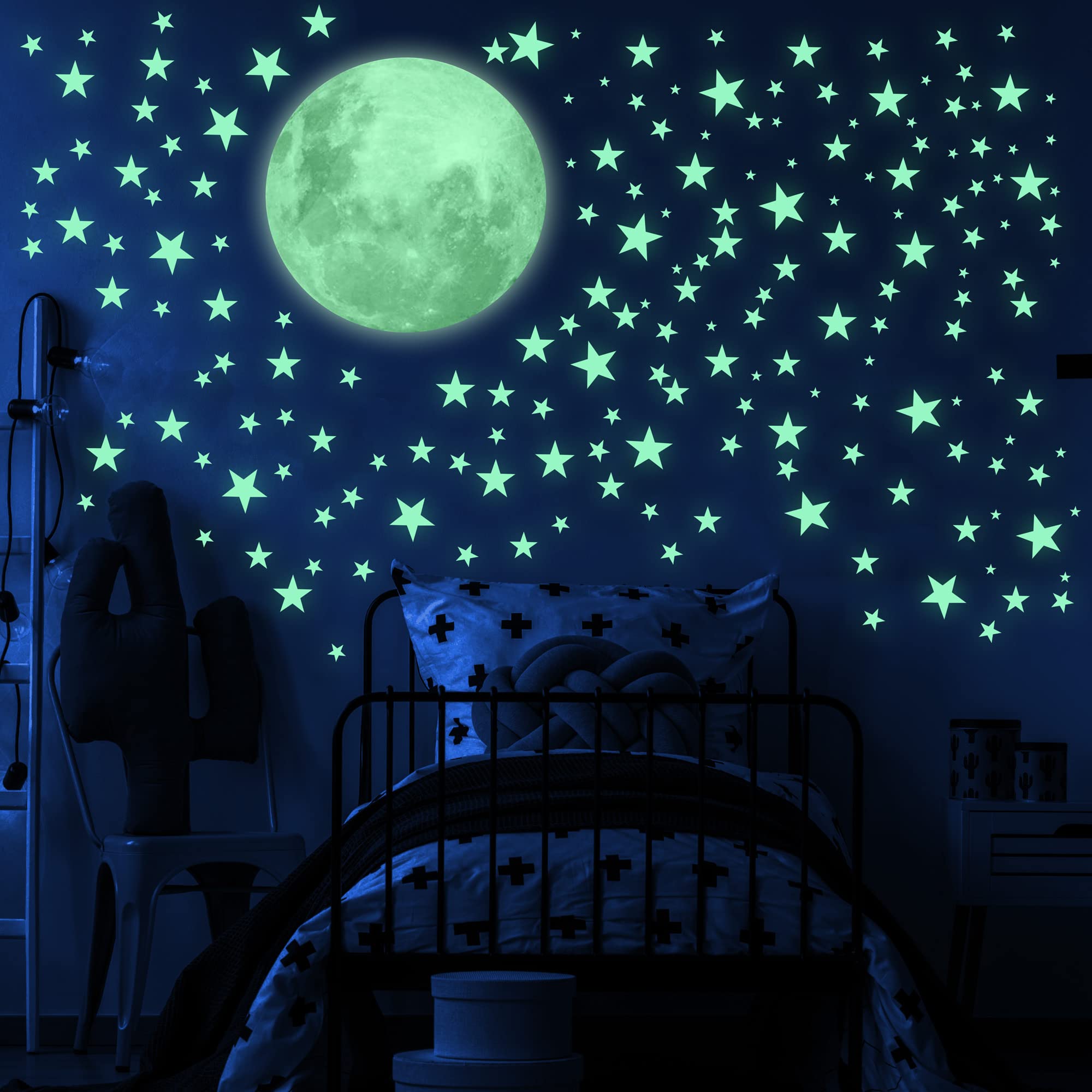 Glow in The Dark Stars and Moon for Ceiling, Luminous Stars and Moon Wall Decal, Wall Decor, Sticky Fluorescence Stars, Gift for boy and Girl Perfect for Kids Nursery Bedroom Living Room