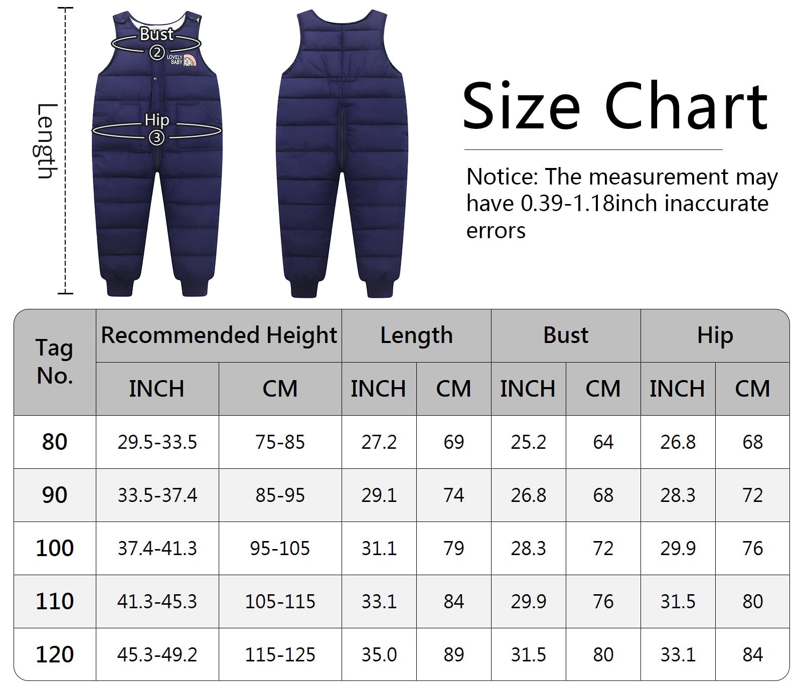 Classic Snow Bib Ski Snowsuit Toddler Boys Winter Warm Pants Kids Lightweight Down Pants Active Pants Dark Blue 6-12 Months