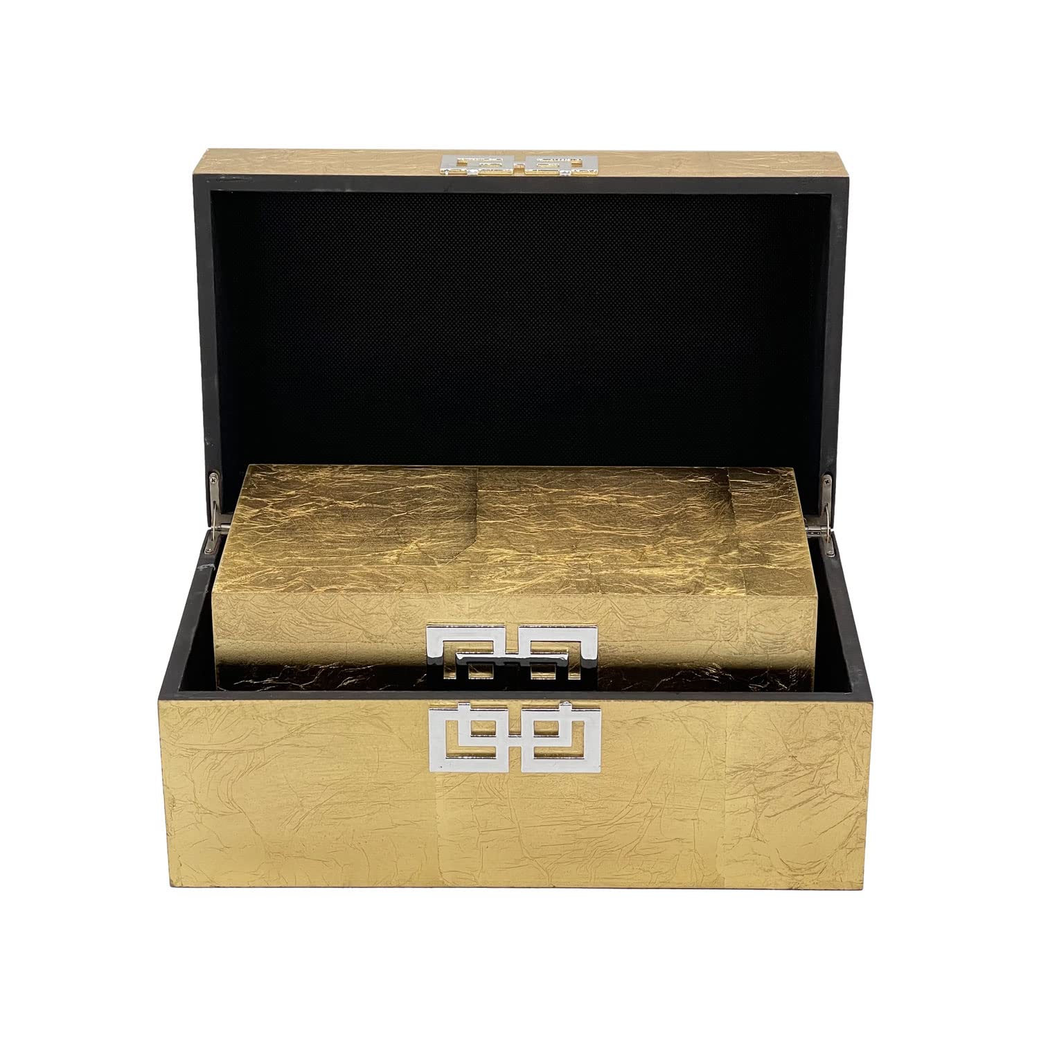 Galt International Storage Box Set Decorative Storage Box w/Hinged Lid Classic Design Wood Decor Boxes with Geometric Clasp Storage for Bedroom & Home - Set of 2 (Black & Gold)