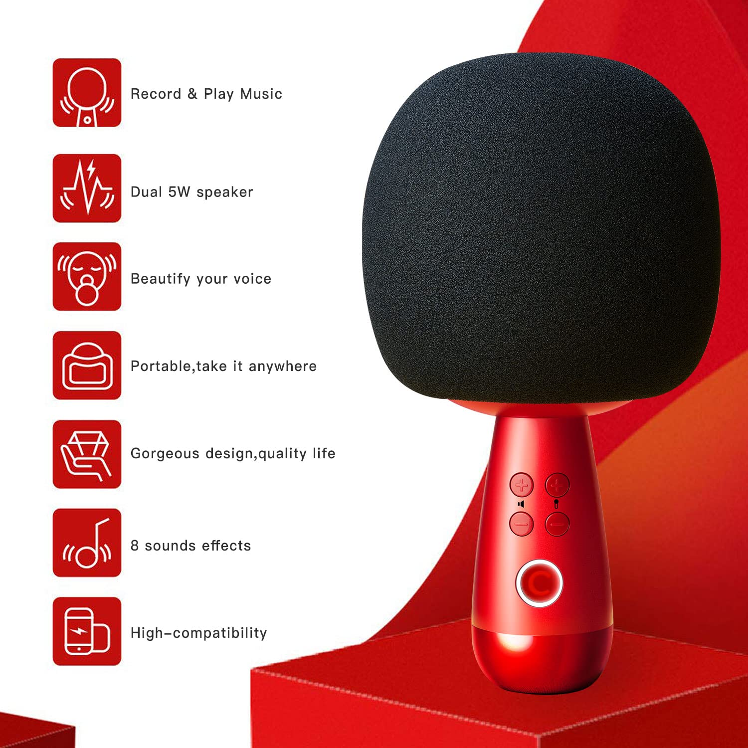CALF Karaoke Speaker Microphone Wireless Bluetooth TWS Microphones&Speaker 2 in1 Portable Mini Adults Handheld Mic Singing Home KTV Party Indoor Electronic Gifts for All iOS Android PC G2 Red(Black)