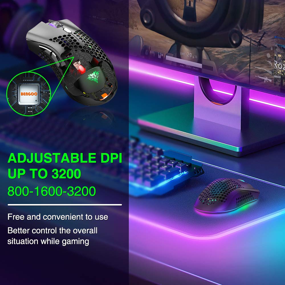 BENGOO KM-1 Wireless Gaming Mouse, Computer Mouse with Honeycomb Shell, 6 Programmed Buttons, 3 Adjustable DPI, USB Receiver, Ergonomic RGB Optical Gamer Mice Mouse for Laptop PC Mac