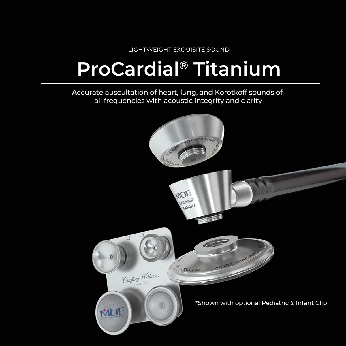 MDF Instruments Poseidon Blackout ProCardial Cardiology Stethoscope + MDF Pediatric and Neonatal Attachments with Clip