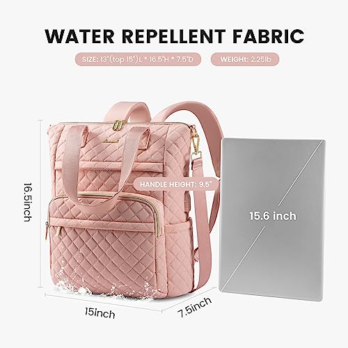 LOVEVOOK Laptop Backpack for Women 15.6 inch,Diamond Quilted Convertible Backpack Tote Laptop Computer Work Bag,Cute Womens Travel Backpack Purse College Teacher Carry on Back pack with USB Port,Pink