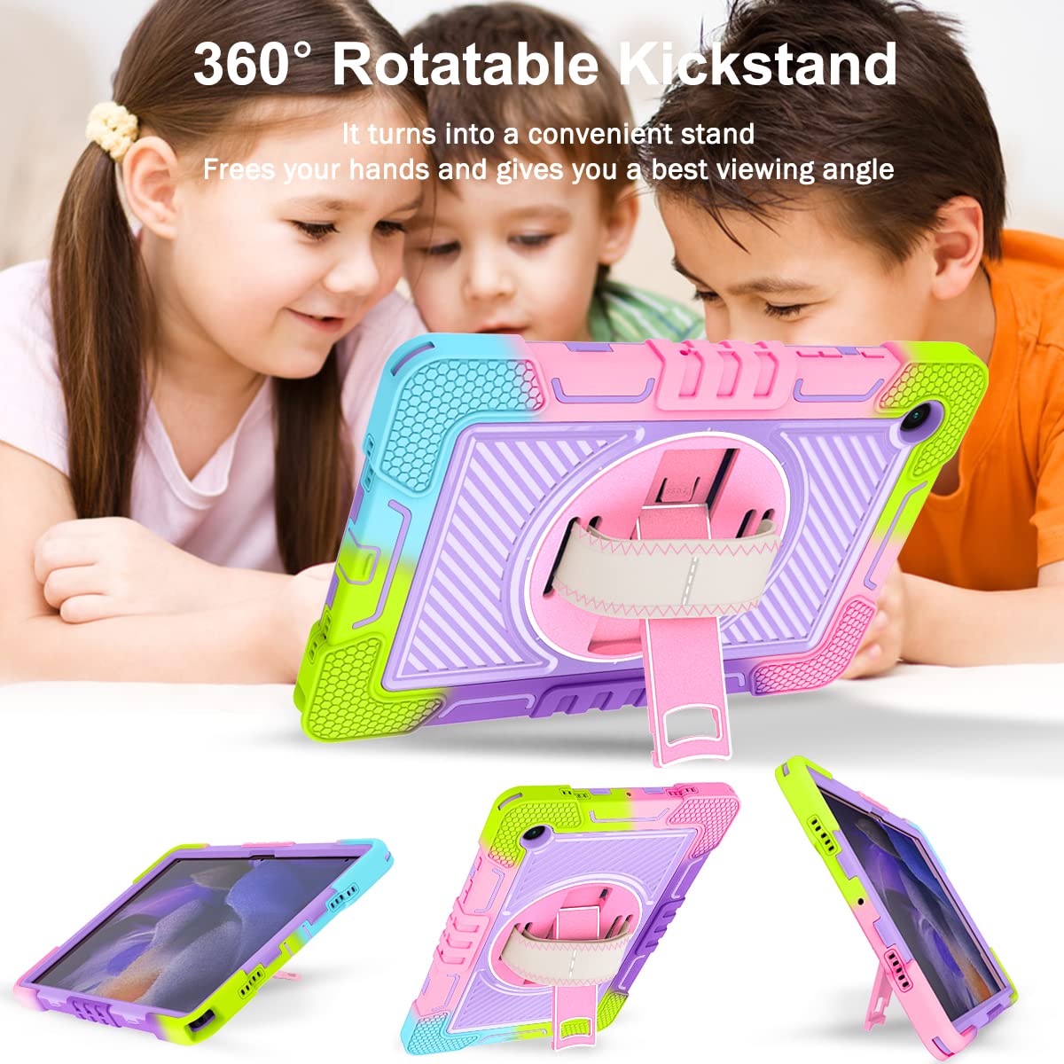 Hocase for Galaxy Tab A8 10.5" Case, with 360 Rotation Stand/Hand & Shoulder Strap, Heavy Duty Shockproof Rugged Rubber Hard Protective Case for Samsung Galaxy Tab A8 10.5" (2022) - Rainbow