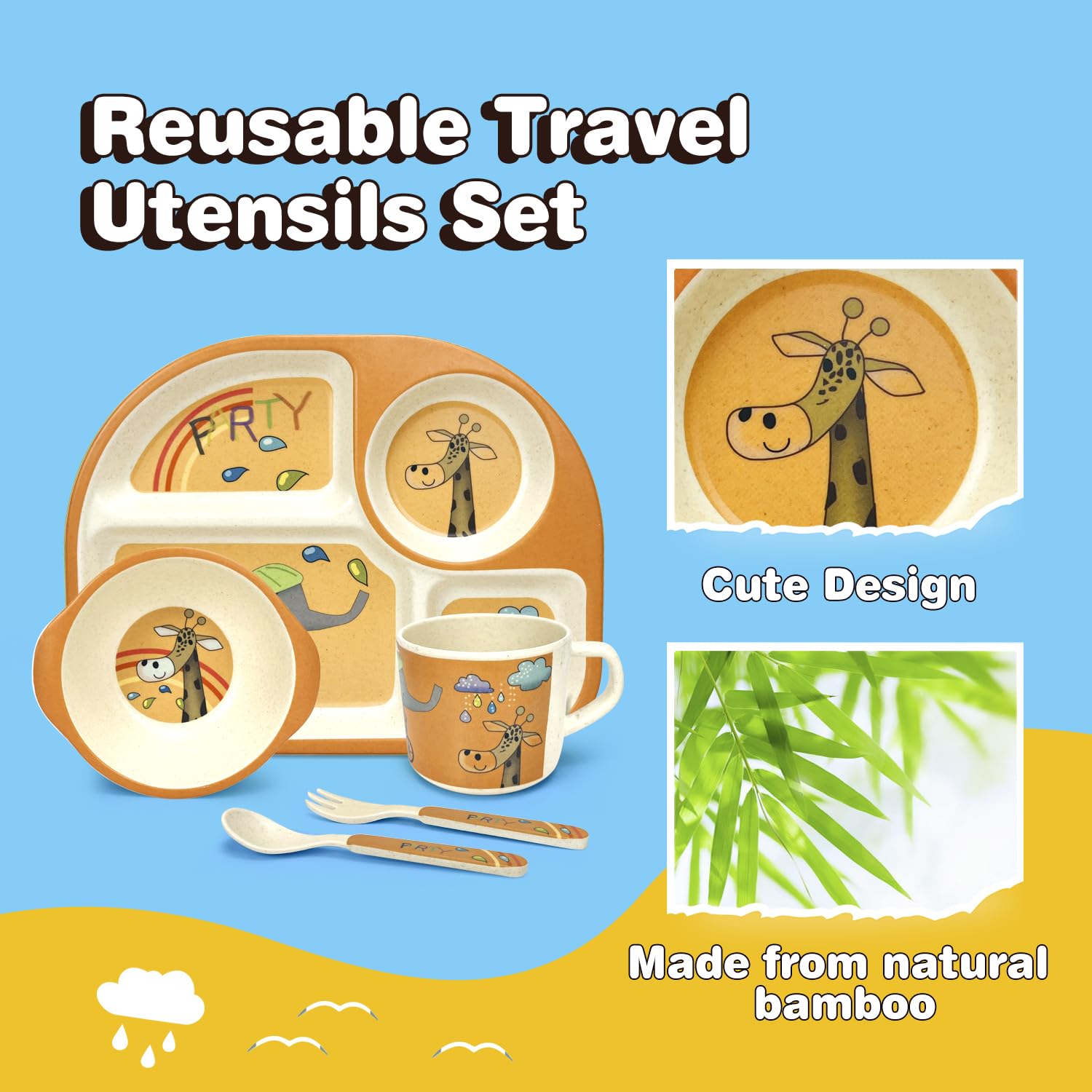 RayPard 5 Pcs Bamboo Kid Plates and Bowls Sets, Unbreakable Plastic Toddler Dinnerware Set Include Divided Plate, Bowl, Cup, Spoon, Fork, Children Durable Cartoon Tableware (Orange Elephant)