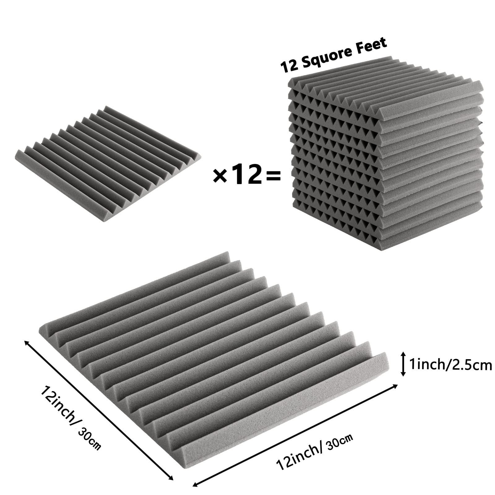 Sound Proof Foam Panels for Walls: 12 pcs Acoustic Foam Panels with Double Side Adhesive Sticker for Studio Recording Office Bedroom Home Theaters 1 X 12 X 12 Inches (Triangle Gray)
