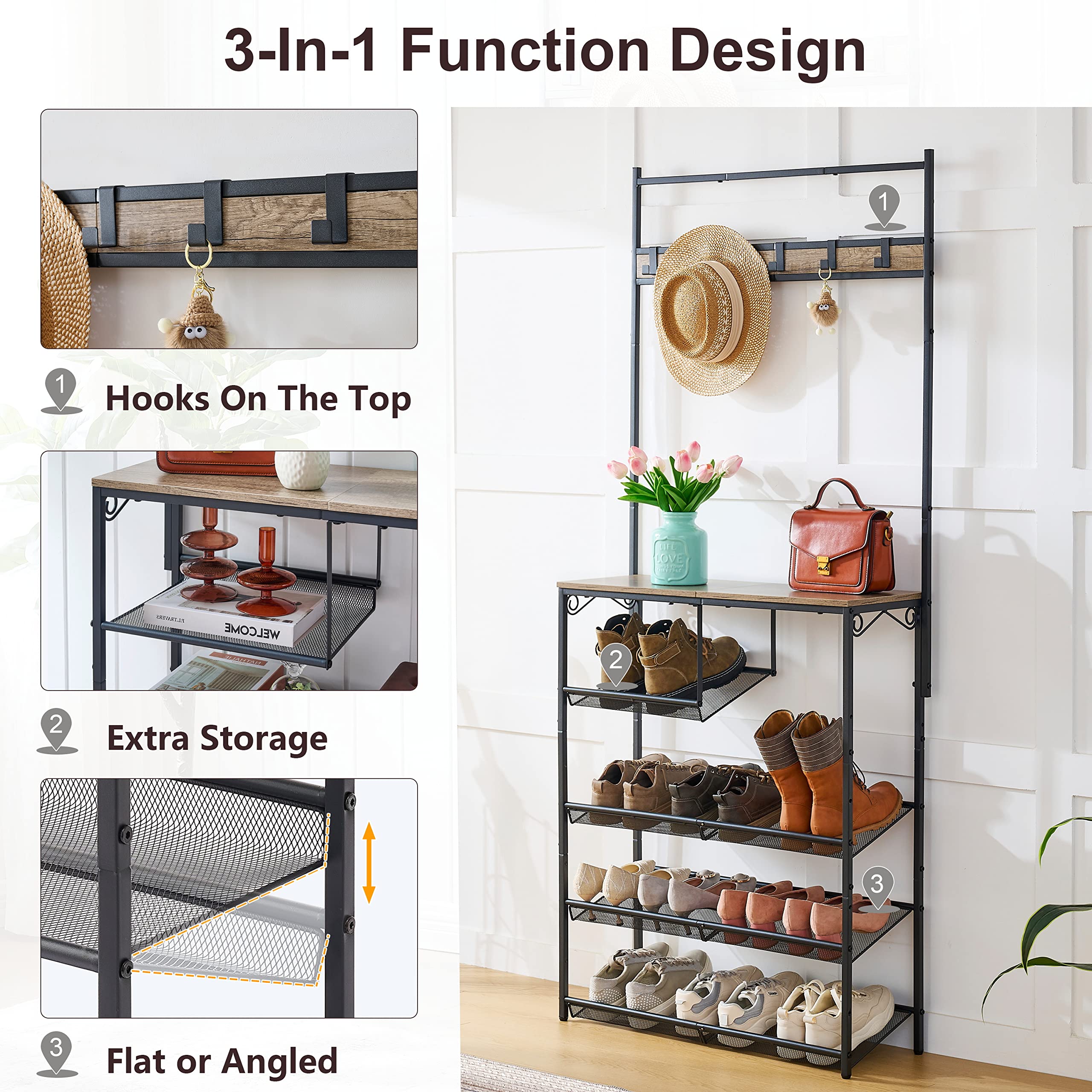 Hoctieon 5-Tier Hall Tree with Shoe Rack, Hall Trees for Entryway with Storage, Hall Tree with Bench and Shoe Storage, Mesh Slant, Greige