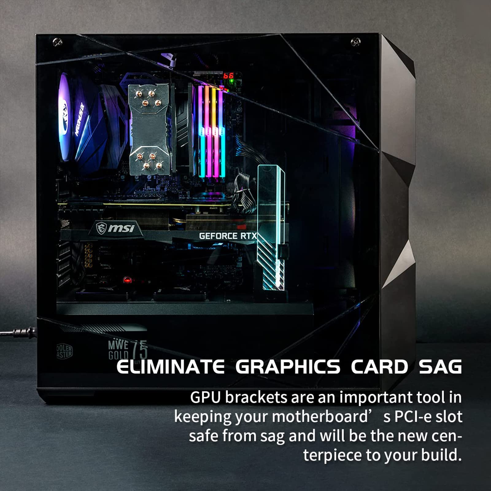 COOLERMASTE R GPU Support Bracket ARGB 3-Pin, Edge-Lit Tempered Glass, Transparent Universal GPU Bracket