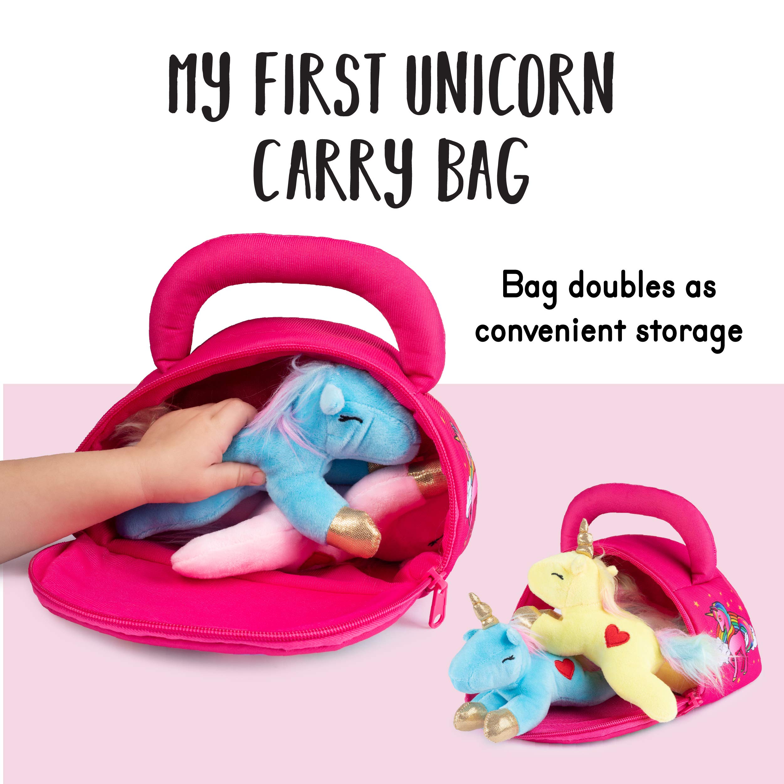 Plush Creations Talking Unicorn Plush Toy Set Includes 4 Talking Soft Stuffed Unicorns for Girls, A Pink, Blue, White, & Yellow Plush Unicorn Doll with A Pink Carrier, Great Gift for Baby and Toddler