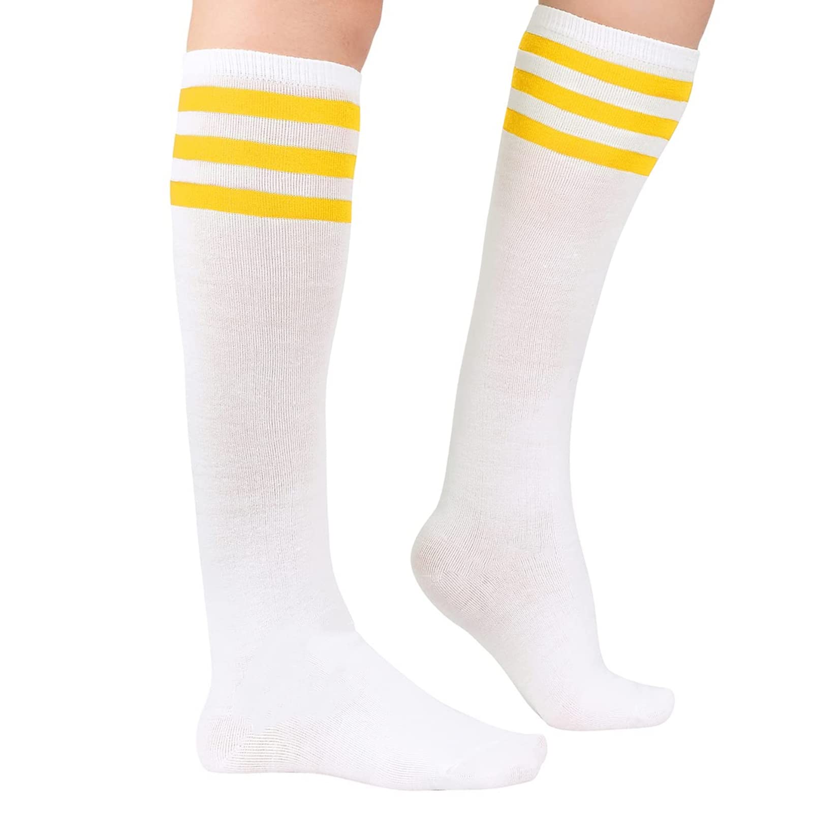 CICEYET Classic Triple Stripes Socks Halloween Cotton Knee High Tube Socks Skating Athletic Sport Socks for Men Women (White/Yellow)