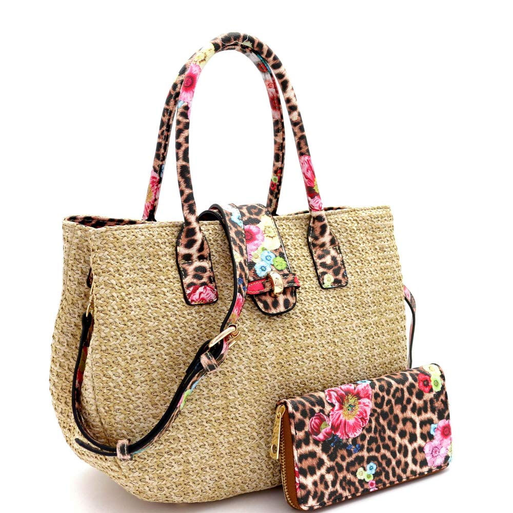 Boho Flower Leopard Print Summer Woven Straw Crossbody Satchel Tote Wallet Set (Leopard Flower Print Tote Set - Taupe)