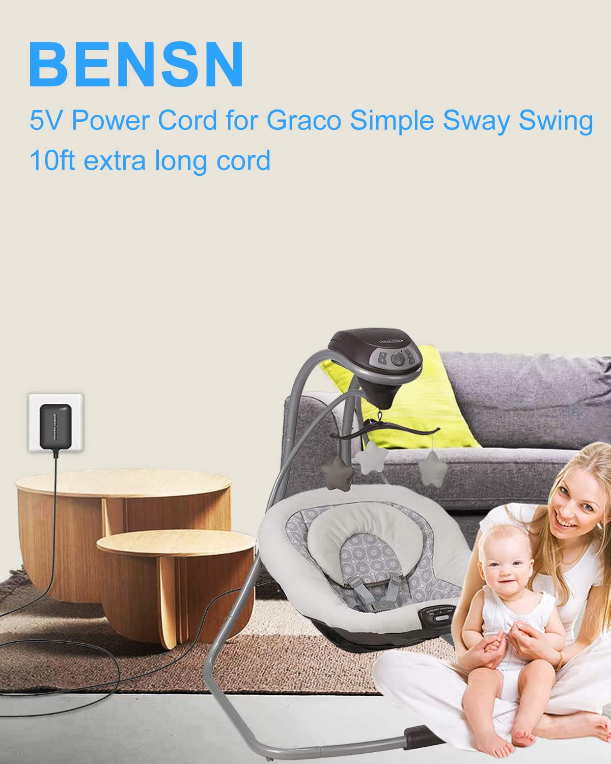 BENSN 5V Graco Simple Sway Swing Power Cord for Graco DuetSoothe, Glider LX/Elite/Premier/Petite LX, Sweetpeace, DuetConnect LX, Sweet Baby Swing Adapter, 10Ft Extra Long Cable