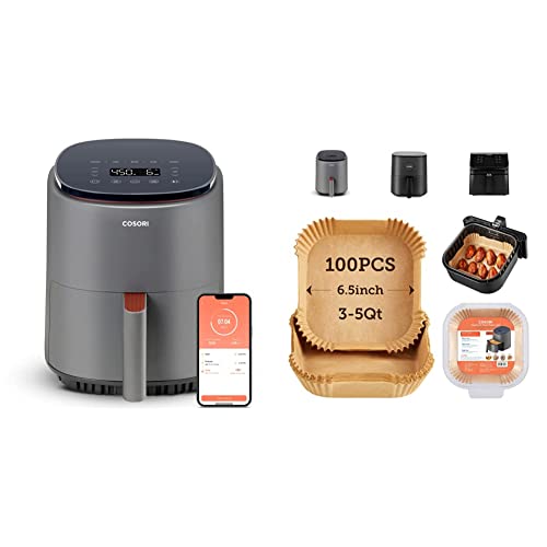 COSORI Air Fryer 4 Qt, 7 Cooking Functions Airfryer, Truffle Gray & Air Fryer Liners, 100 PCS Square Disposable Paper Liners