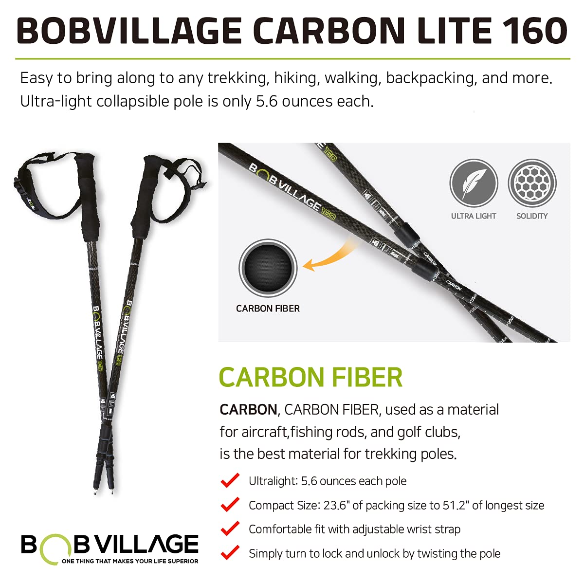 BOBVILLAGE Carbon Fiber Adjustable Trekking Poles, Premium Lightweight Collapsible Shock-Absorbent Hiking Walking Sticks for Backpacking Camping & Trail Running 51IN[Black]