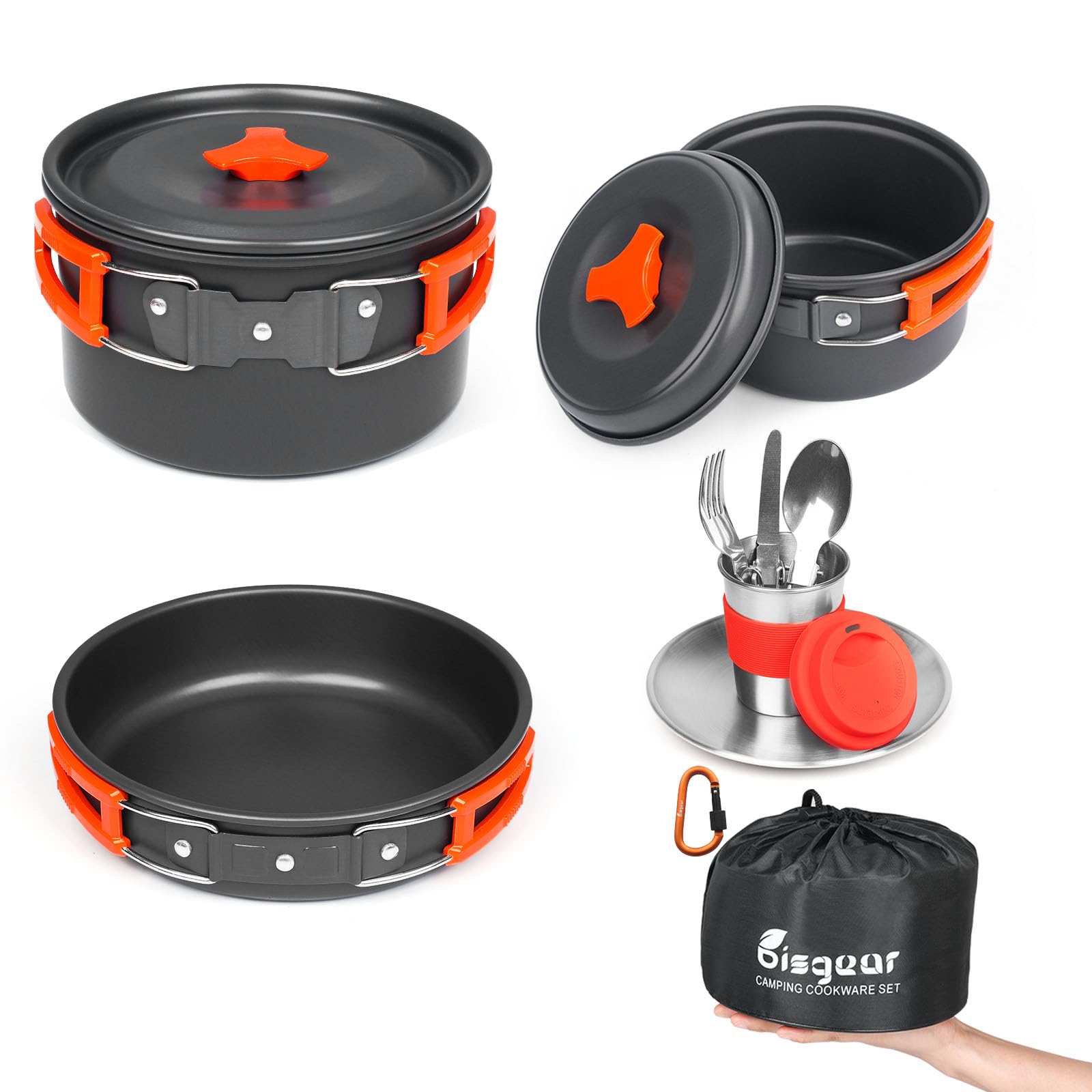 Bisgear Camping Cookware Mess Kit for Backpacking Gear - Camping Pots and Pans Set with Cups Plates Flatware - Camping Cooking Set Accessories - Survival Gear and Equipment