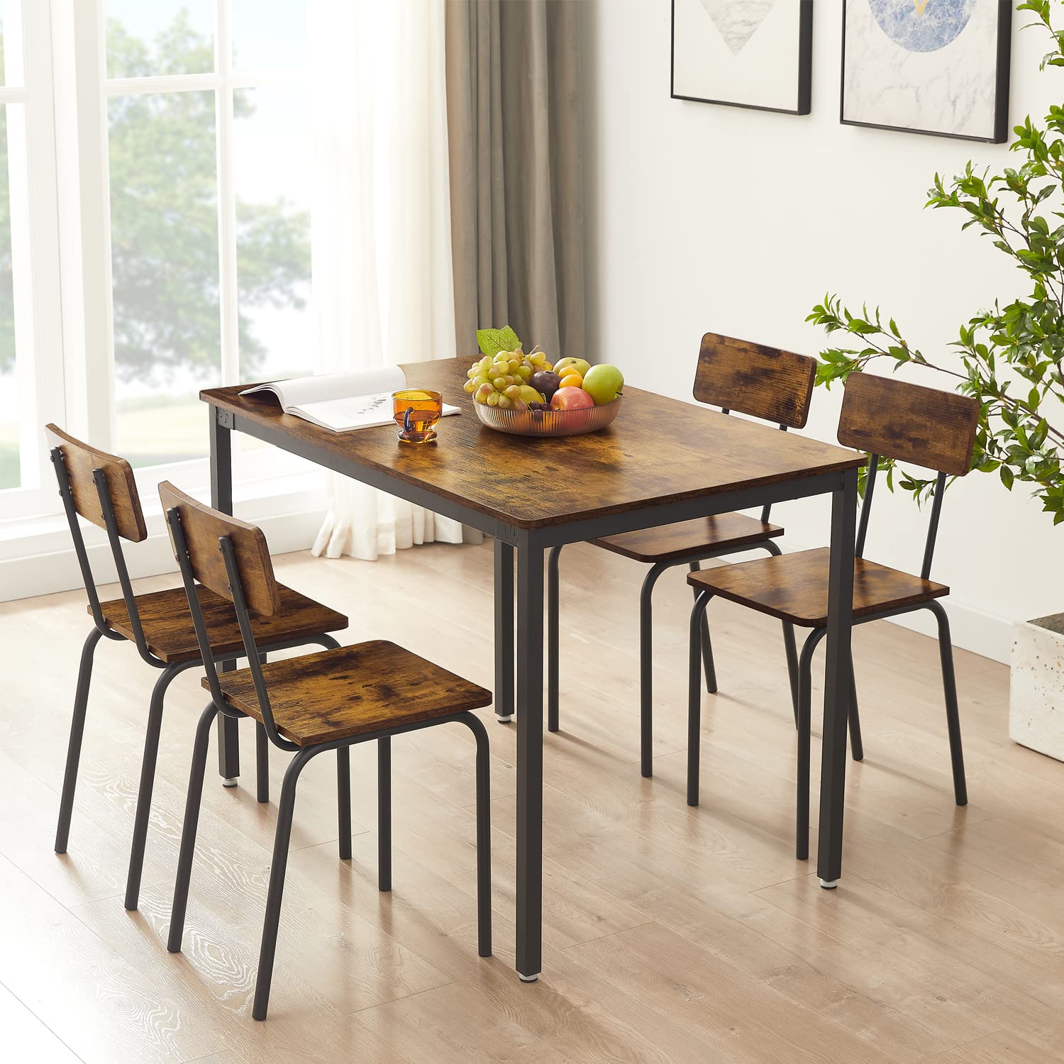 Dining Table Set for 4, 5-Piece Dining Chair with Backrest for Small Spaces, Bar Table and Chairs Set, Person Counter Height Table Set with 4 Chairs for Pub Restaurant Dinner Breakfast(Rustic Brown)
