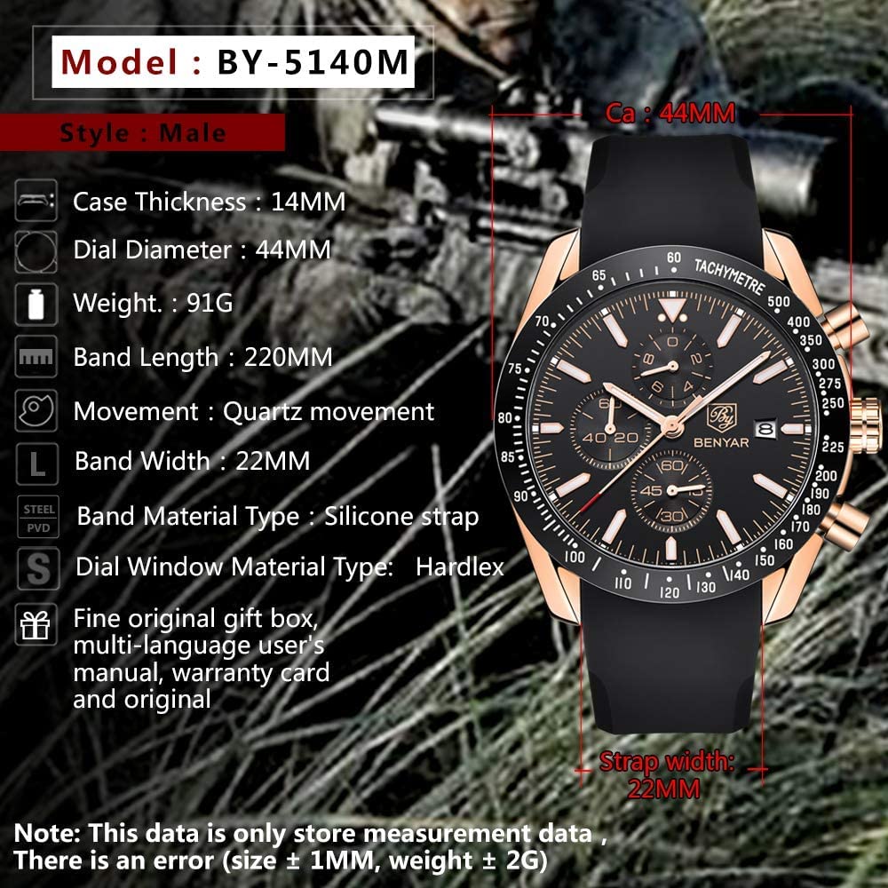 BENYAR - Stylish Wrist Watch for Men Silicone Strap Watches Quartz Movement, Waterproof and Scratch Resistant, Analog Chronograph Business Watch Mens Gift