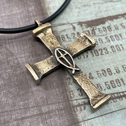 Horse Nails Antique Brass Finish Cross Mens Necklace on Black Rubber Cord