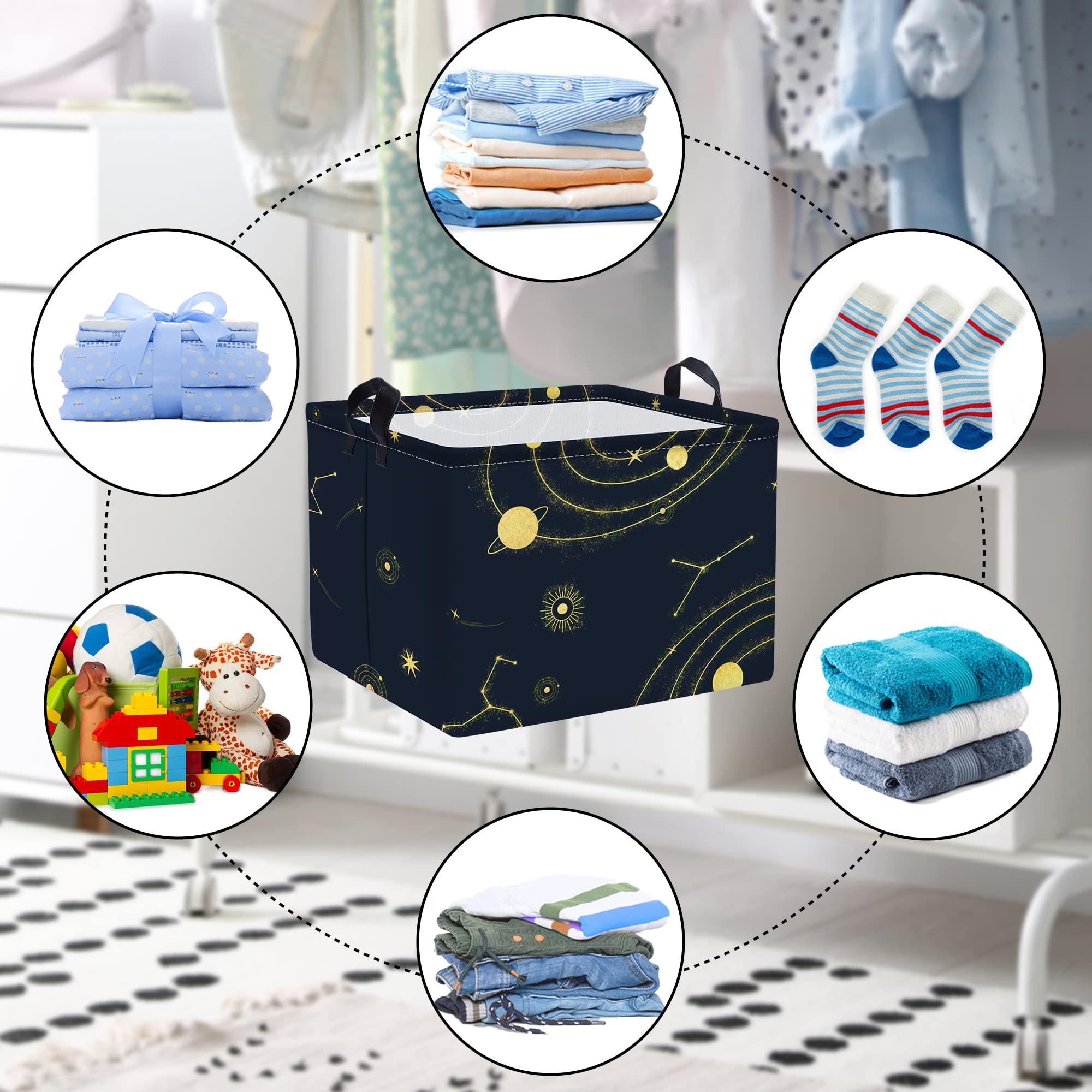 Clastyle Waterproof Universe Planet Storage Baskets for Bedroom Collapsible Blue Outer Space Rectangle Clothes Storage Bin, 15.7 * 11.8 * 11.8 in