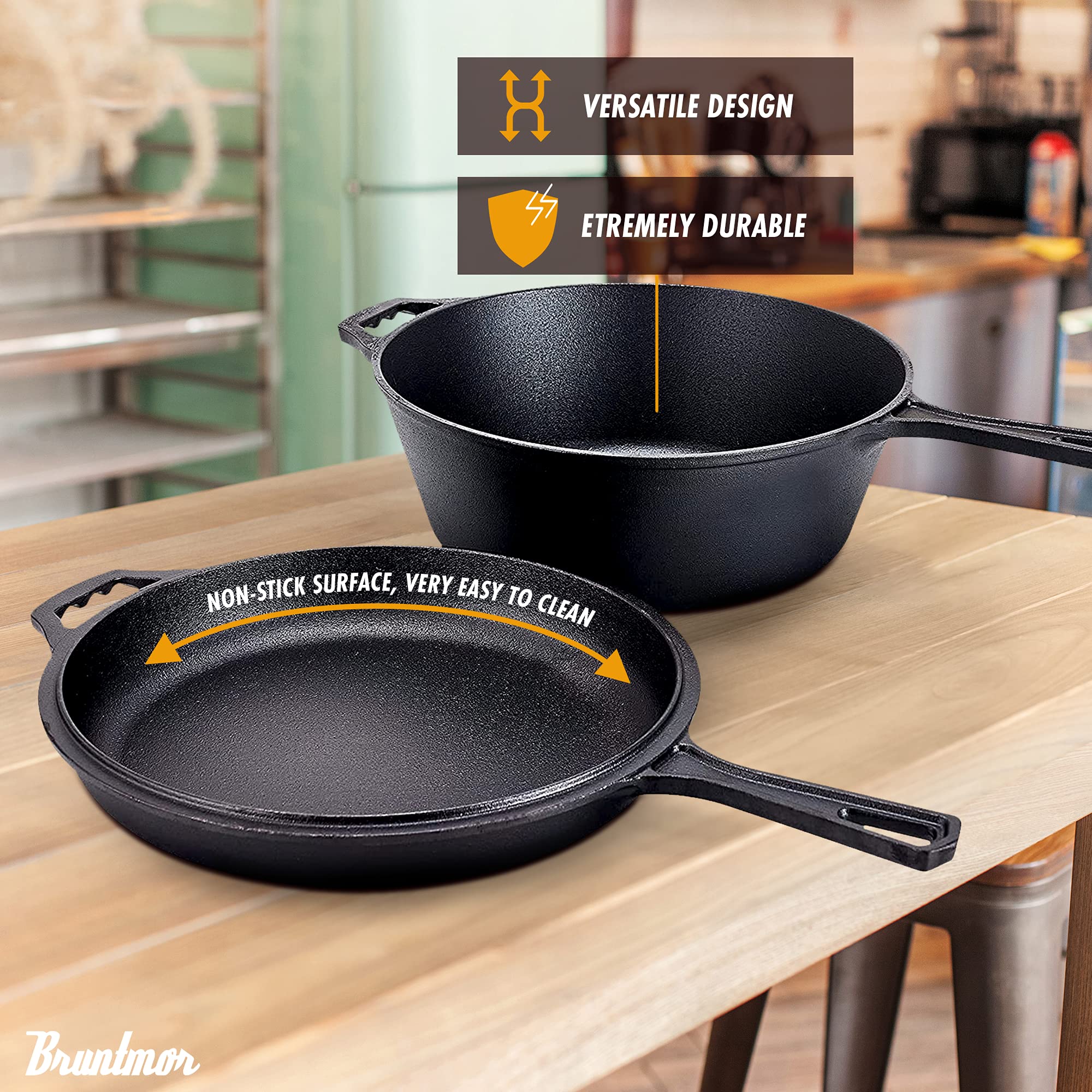 Bruntmor Cast Iron Skillet - Cast Iron Pots and Pan Sets - 3 Quart Pre-seasoned Cast Iron Dutch Oven - Deep Pot with Handle and Frying Pan Bundle - Kitchen Cookware For Indoor Or Outdoor Camping