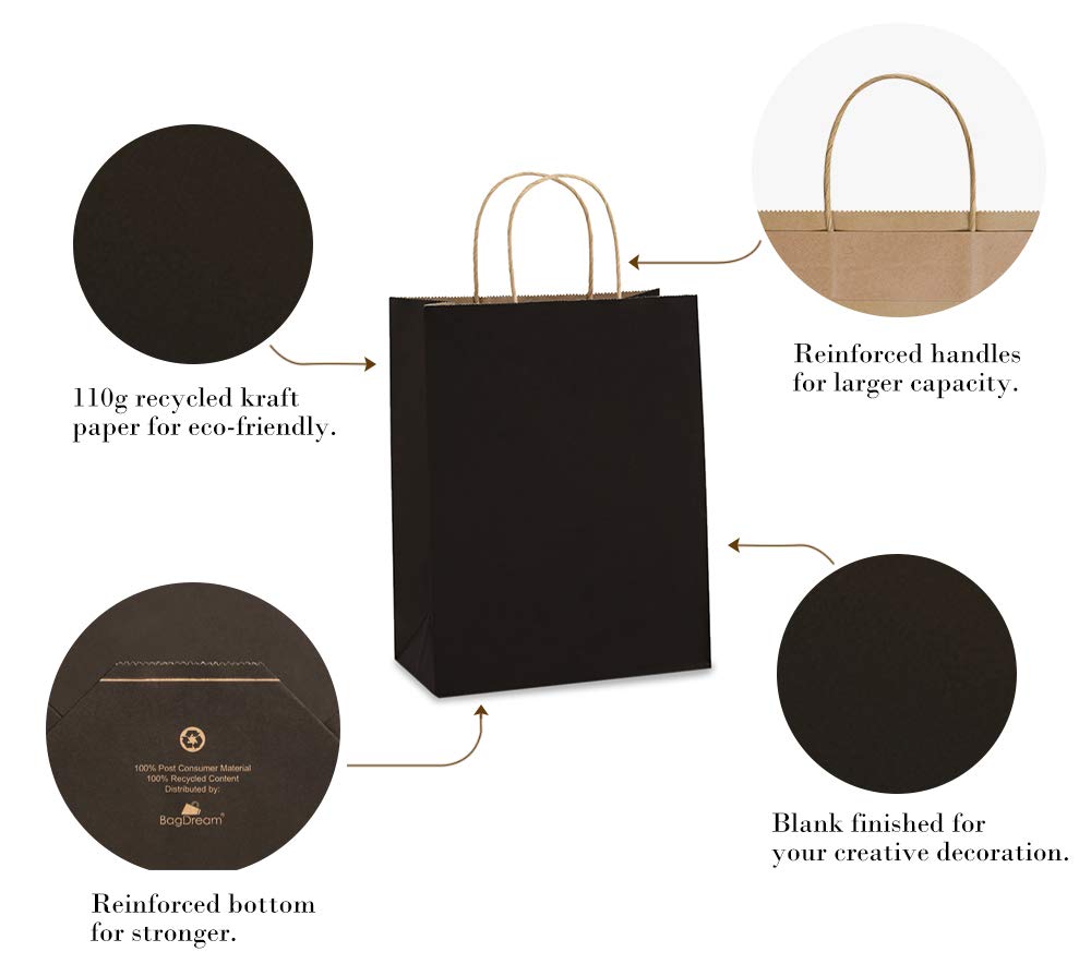 BagDream Recyclable Kraft Paper Gift Bag, 8x4.25x10.5 Inches, 100Pcs, Black, with Handles, Bulk, FSC Compliant, Multipurpose