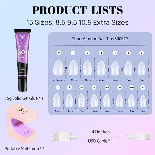 Ejiubas Gel Nail Kit - 300PCS Pre-buff Short Almond Gel Nail Tips, 15ML Long-Lasting Solid Gel with Portable Nail Lamp, Acrylic Nail Kit Gel Extension Set for Diy Home Manicure