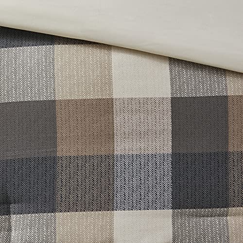 Madison Park Ridge Comforter Set-Cabin Lodge Plaid Herringbone Design All Season Down Alternative Cozy Bedding with Matching Bedskirt, Shams, Decorative Pillow, Queen(90"x90"), Neutral 7 Piece