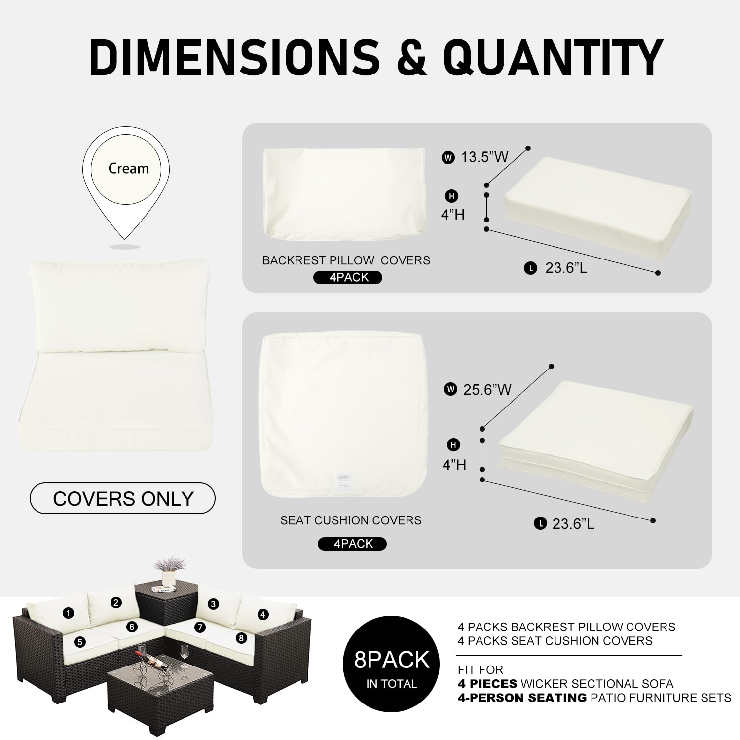 ClawsCover 8Pack Outdoor Seat and Back Cushions Replacement Covers Fit for 4 Pieces 4-Seater Wicker Rattan Patio Furniture Set Loveseat Sectional Couch with Storage Box,Cream-Include Cover Only