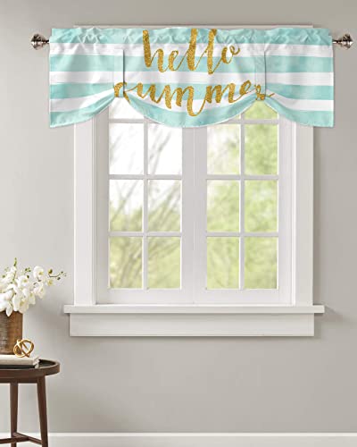 Tie-up Valances for Windows HELLO SUMMER Gold Round Spots on Blue and White Stripes Kitchen Window Curtains Adjustable Farmhouse Valance Curtains for Bedroom Living Room Bathroom 42x12in, 1 Panel