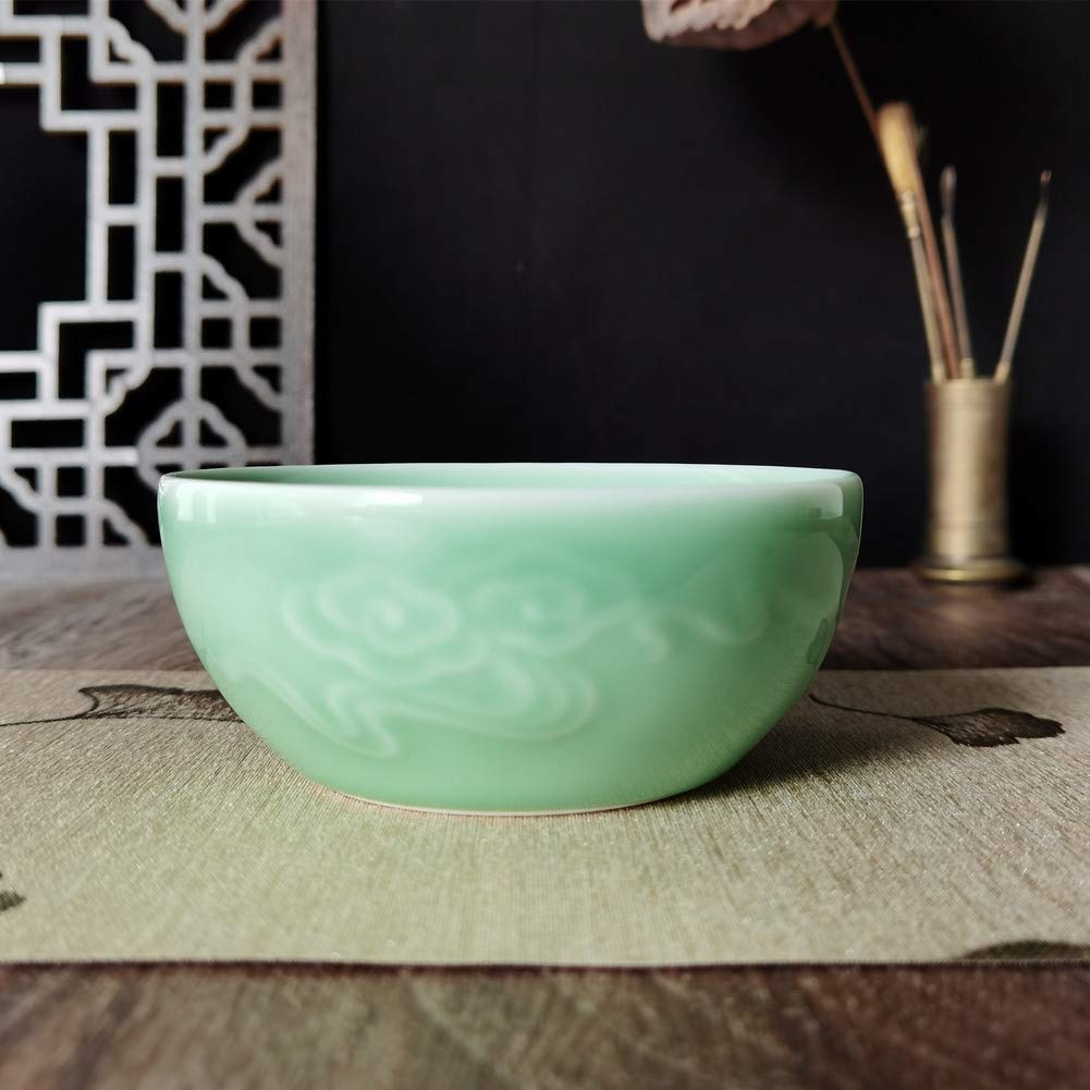 Chinese Rice Bowls 10-Ounce 4.5 inch Celadon Glazed Cereal Bowl Embossed with Auspicious Clouds Porcelain(Set of 4) (Green02)