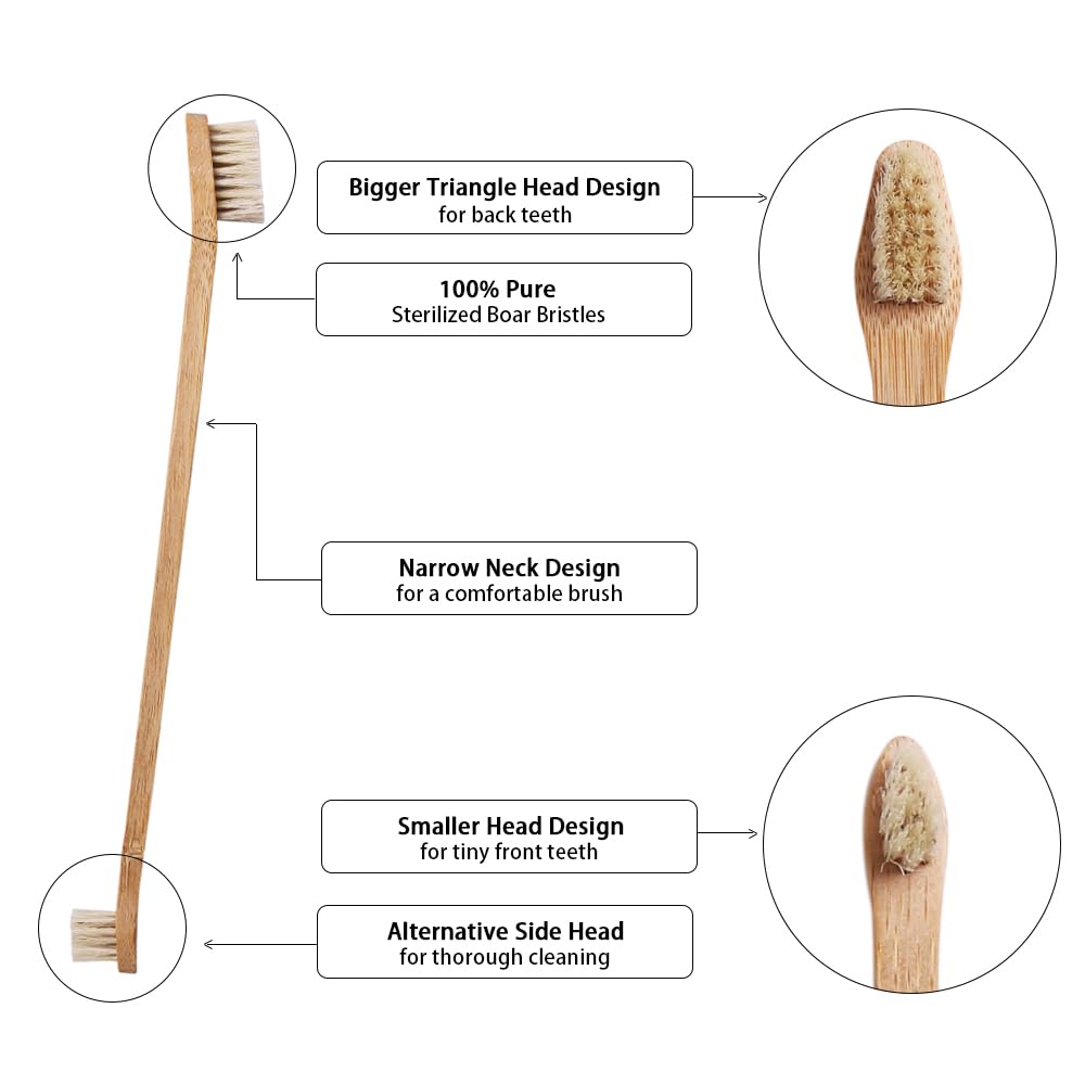 Gaia Guy Bamboo and Boar Bristle Double-Sided Pet Toothbrushes - 6-Pack - for Dogs, Cats and Planet - Plastic-Free and Nylon-Free Natural Bristles - No Microplastics