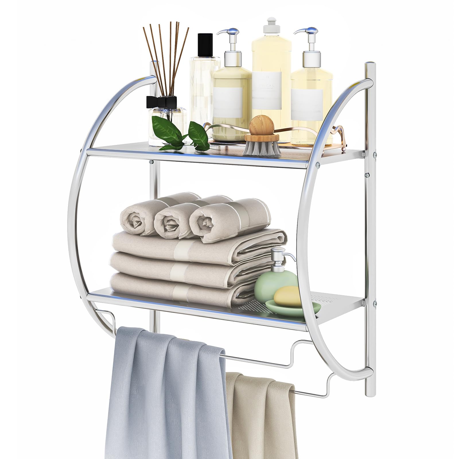 Giantex Bathroom Shelf with Towel Rack - 2 Tier Rustproof Over The Toilet Storage Shelf with Double Towel Bars, 18" W X 10" D X 22" H, Wall Mount Chrome Towel Holder for Living Room, Kitchen (Silver)