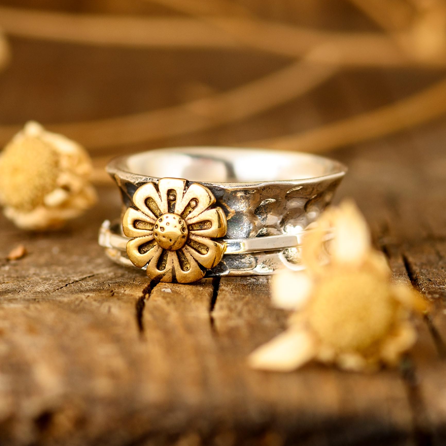 Boho-Magic Sunflower Ring, Spinner Rings for Women 925 Sterling Silver and Brass Sunflower | Nature Wide Band Fidget Meditation Anxiety jewelry